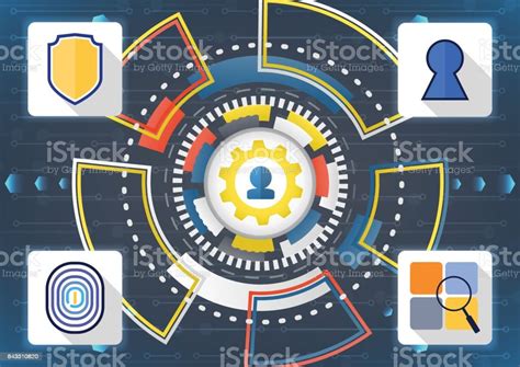 사이버 보안 개념 벡터 일러스트입니다 열쇠 구멍으로 방패 모바일 및 다 색 기술 원형 배경에 손가락 인쇄 및 설정 보안 기호 0