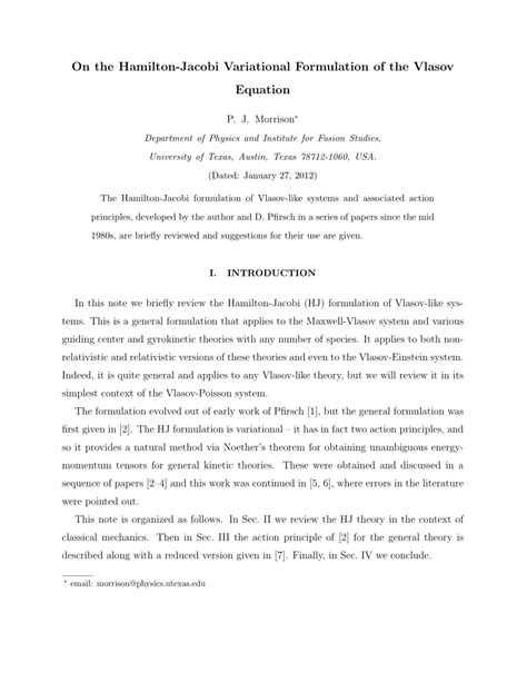 Pdf On The Hamilton Jacobi Variational Formulation Of The Vlasov Equation