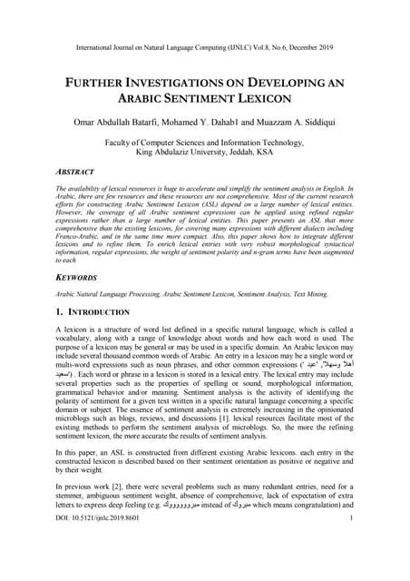 Further Investigations On Developing An Arabic Sentiment Lexicon Pdf
