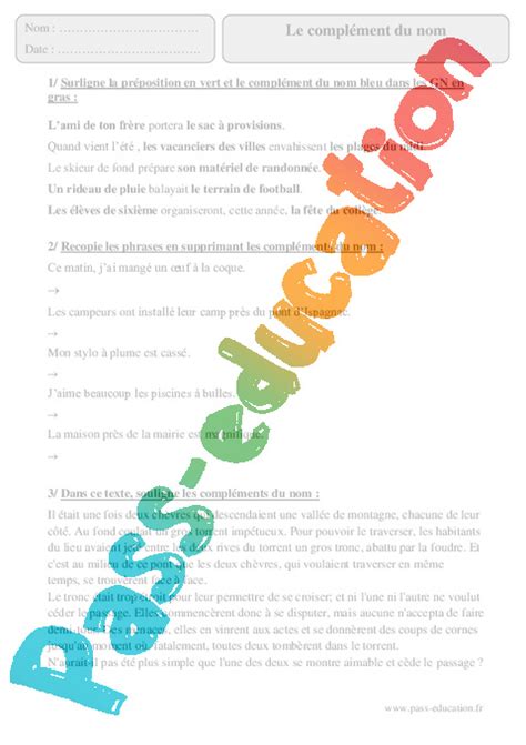 Complément Du Nom Cm2 Exercices Corrigés Grammaire Cycle 3 Pdf à Imprimer