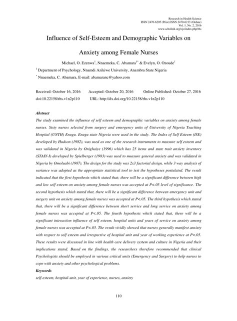 Pdf Influence Of Self Esteem And Demographic Variables On Anxiety