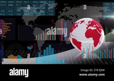 Animation Of Multicolored Graphs Number Chart And Globe With Map Over