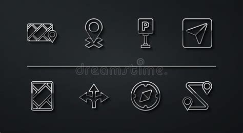 Set Line City Map Navigation Gps Device With Infographic Of City Compass Road Traffic Sign