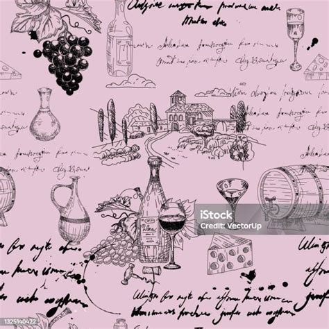 벡터 원활한 패턴 와인 포도 가지 병 안경 읽을 수없는 텍스트 나무 배럴 치즈 코르크 나사 낙서 스케치 손 드로잉 벡터 조명 절연 복고풍 와인에 대한 스톡 벡터 아트 및