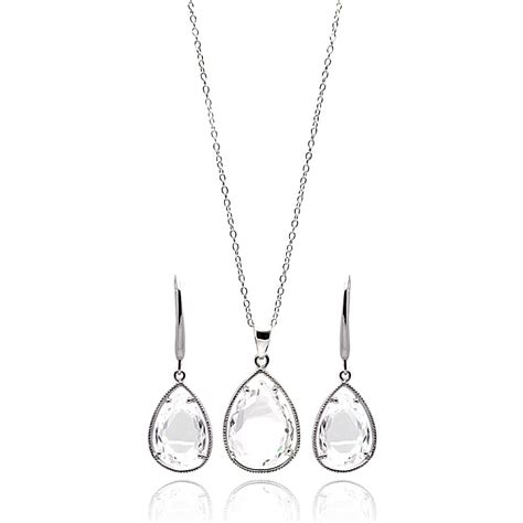 Sterling Silver Clear Cz Teardrop Earring And Necklace Set Ssts00252