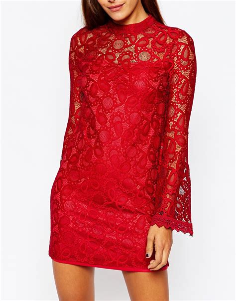 Missguided Bell Sleeve Lace Dress In Red Lyst