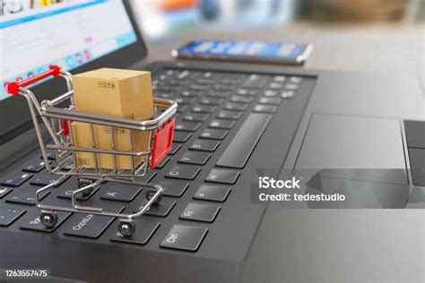 전자 상거래 기호 장바구니 두 개의 골판지 배송 상자 노트북 및 스마트 폰 온라인 쇼핑 및 배달의 상징 3d 일러스트 0명에 대한 스톡 사진 및 기타 이미지 Istock