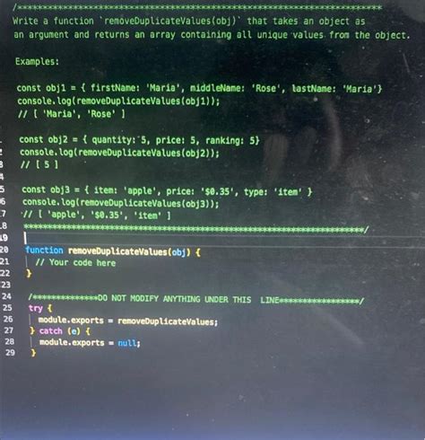 Solved Write A Function Removeduplicatevaluesobj That