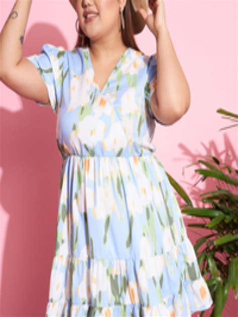 Buy Sassafras Curve Blue Plus Size Floral Printed V Neck Tiered Fit