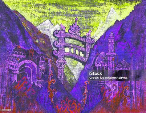 세련 된 일러스트 현대 미술 유화 비유 동화 장식 수평 풍경 상징 고 대 인도 역사 기념물 건축과 불교 눈 덮인 봉우리와 밝은 노란색 하늘과 산맥에 대해 개념 기호에 대한