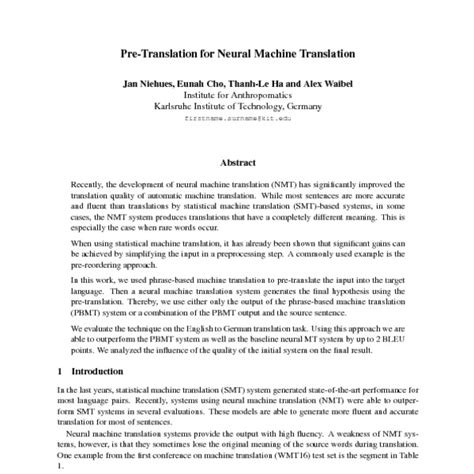 Pre Translation For Neural Machine Translation Acl Anthology