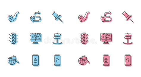 Set Line Magnifying Glass With Globe Infographic Of City Map Navigation Route Location