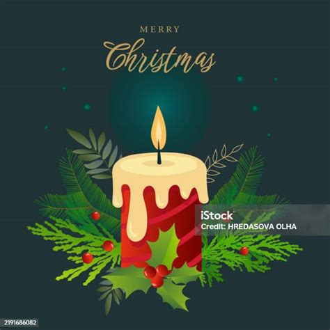 녹색 배경에 전나무 가지로 장식 된 촛불이 있는 크리스마스 카드 메리 크리스마스 글자 벡터 평면 그림 새해 인사말 카드 배너 0명에 대한 스톡 벡터 아트 및 기타 이미지