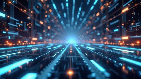 Futuristic Digital Data Stream With Glowing Blue And Orange Lights Stock Illustration