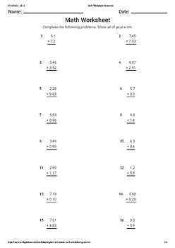 Adding Decimals 100 Questions By EducateMate TPT
