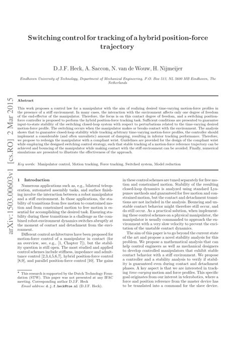 Pdf Switching Control For Tracking Of A Hybrid Position Force Trajectory