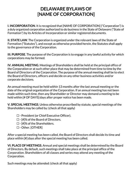 Delaware Bylaws Template