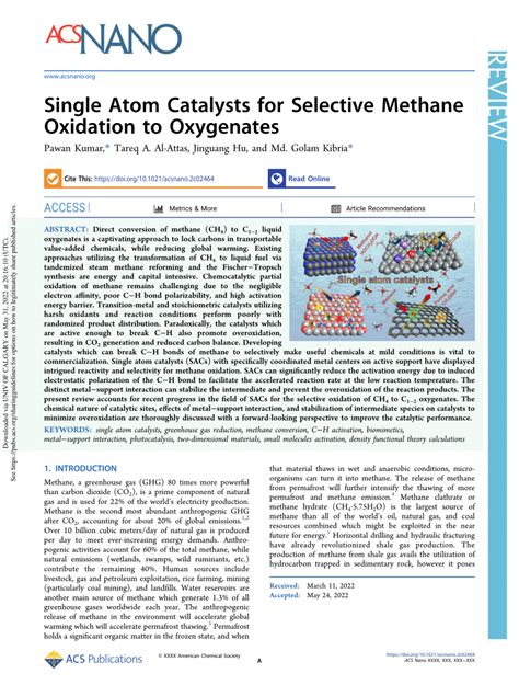 Pdf Single Atom Catalysts For Selective Methane Oxidation To Oxygenates