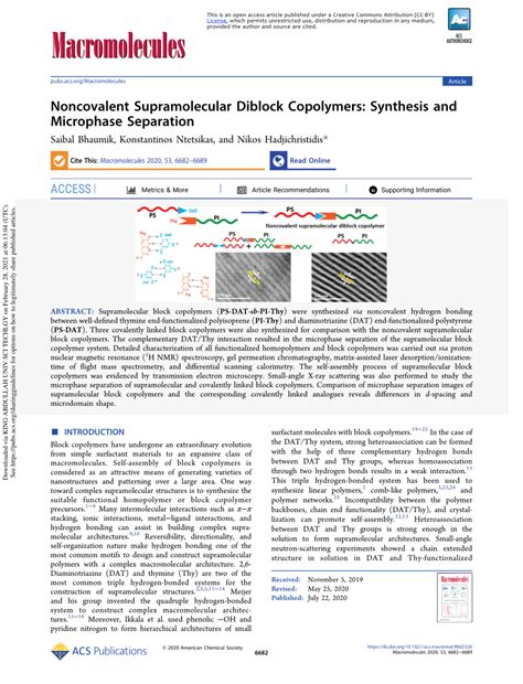 Pdf Noncovalent Supramolecular Diblock Copolymers Synthesis And Microphase Separation