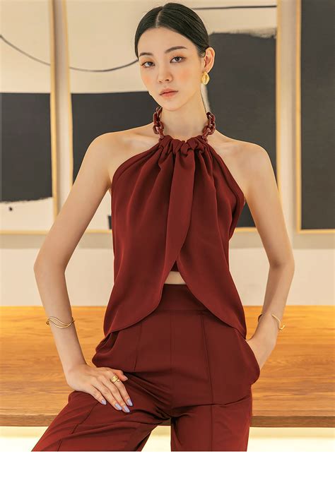 B9124 라클 체인 홀터넥 셔링 블라우스이너탑set 페플럼 드레스 페플럼 블라우스