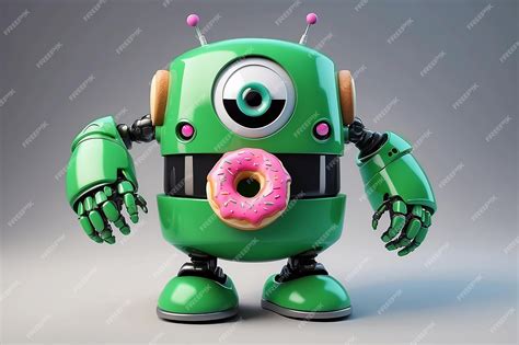 Premium Photo Green Robot With Donut Cartoon Character