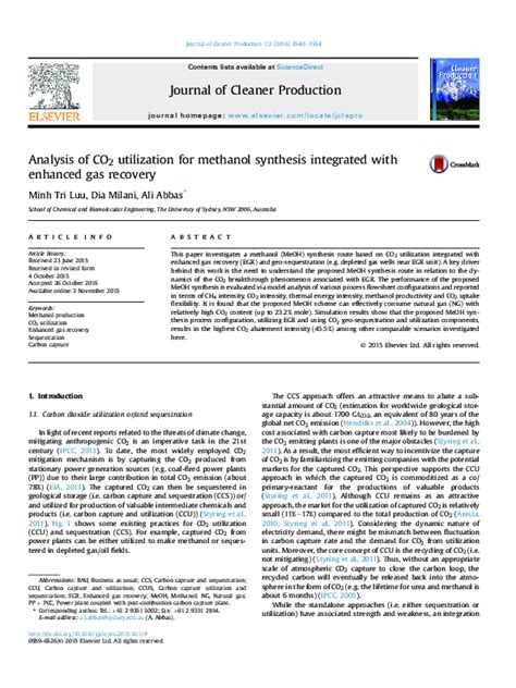 Pdf Analysis Of Co2 Utilization For Methanol Synthesis Integrated With Enhanced Gas Recovery