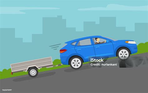 등급에서 트레일러를 견인하는 파란색 Suv 자동차 도시 언덕 전망 4x4 자동차에 대한 스톡 벡터 아트 및 기타 이미지