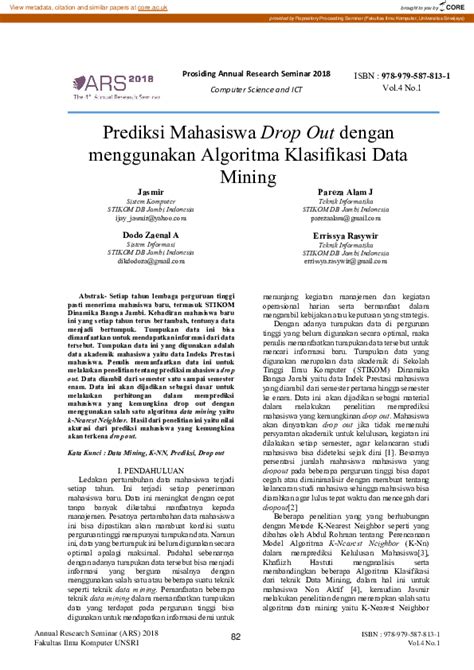 Pdf Prediksi Mahasiswa Drop Out Dengan Menggunakan Algoritma Klasifikasi Data Mining