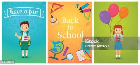 학교에 환영 합니다 다시 귀여운 학교 학생 아이 템플릿 및 Baners 학생 가방 및 Ballons와 소녀와 소년입니다 학교 연구 장비 만화 벡터 일러스트입니다 고등학교