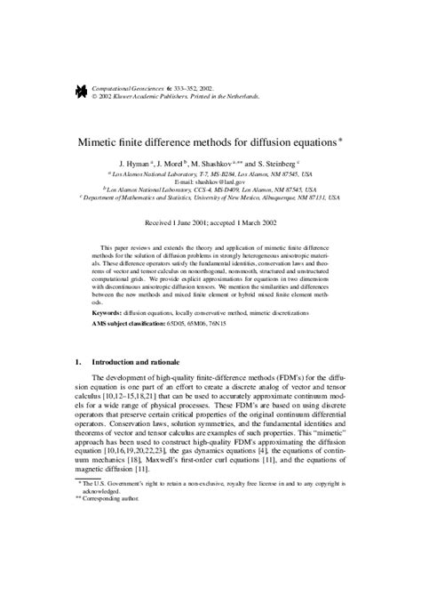Pdf Mimetic Finite Difference Methods For Diffusion Equations On Non Orthogonal Non Conformal