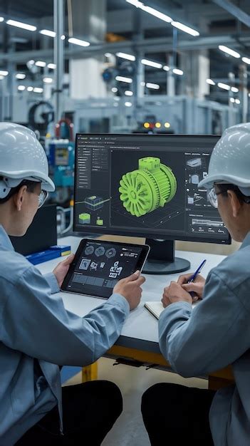 Factory Digitalization Two Industrial Engineers Use Tablet Computer Visualize 3d Model Of Clean