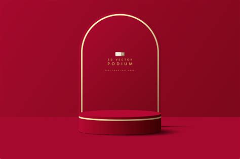 아치 모양 배경이 있는 제품 디스플레이 프레젠테이션을 위한 고급 빨간색 3d 실린더 연단 또는 받침대 무대 모형을 위한 최소한의 장면 무대 쇼케이스 3d 벡터 기하학적