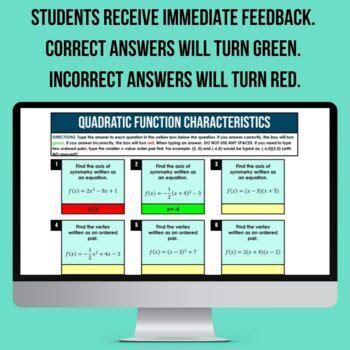 Characteristics And Features Of Quadratic Functions Digital Worksheet