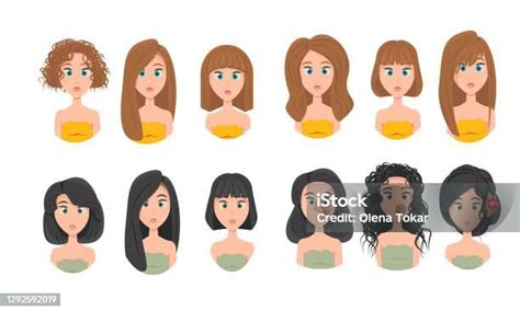 모델 이발과 헤어 스타일 빨간 머리 다른 이발 머리 길이 소녀 아바타 평면 스타일의 벡터 일러스트 흰색 배경에 고립 된 개체를 가진 소녀의 초상화 세트 귀여운에 대한 스톡