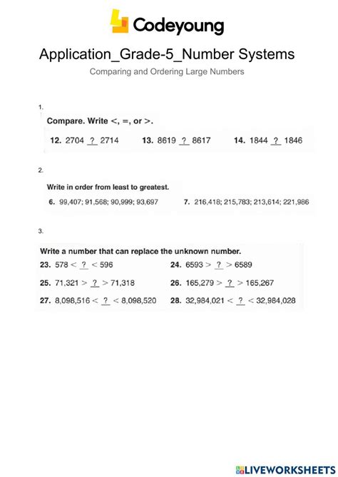 Application Comparing And Ordering Large Numbers Worksheet Live Worksheets Library