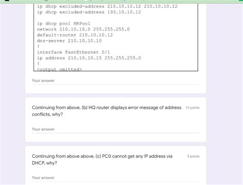 Solved Ip Dhcp Excluded Address 210 10 10 12 210 10 10 12 Ip Chegg Com