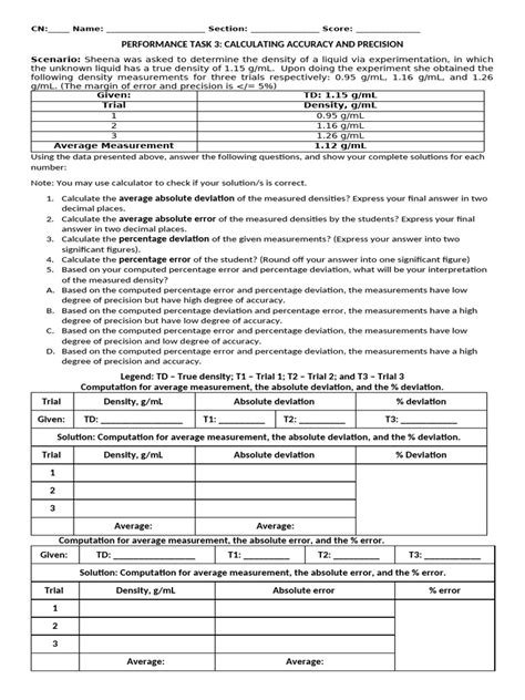 Performance Task 3 Calculating Accuracy And Precision Pdf Accuracy