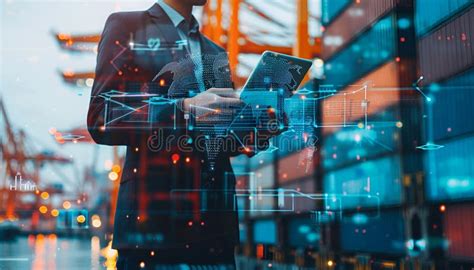 Businessman Holding Virtual Interface Panel Of Global Logistics Network Distribution And