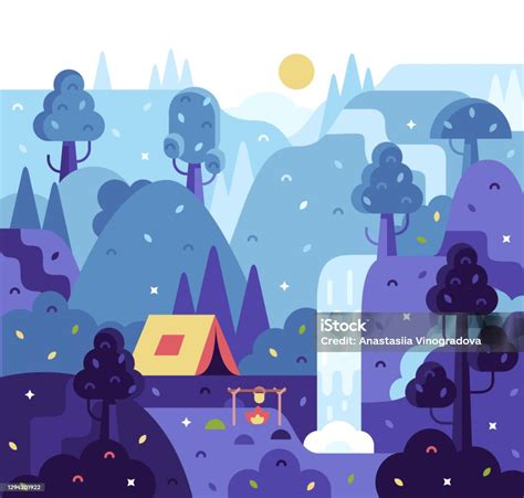 태양 언덕 구름이 있는 플랫 디자인 자연 풍경 만화 일러스트레이션 여름 캠프 자연 관광 캠핑 또는 하이킹 디자인 개념에 대한 배경 강에 대한 스톡 벡터 아트 및 기타 이미지