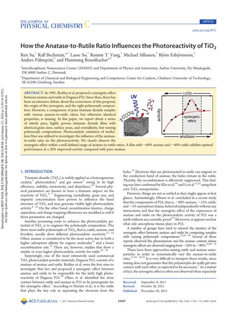 Su Et Al 2011 How The Anatase To Rutile Ratio Influences The Photoreactivity Of Tio2 Pdf