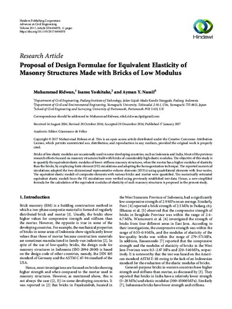 Pdf Proposal Of Design Formulae For Equivalent Elasticity Of Masonry Structures Made With