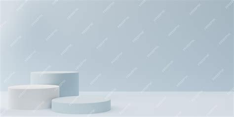 3단계 3d 실린더 연단 받침대 또는 제품 디스플레이 스탠드 3d 렌더링이 있는 빈 밝은 파란색 클린 룸 프리미엄 사진