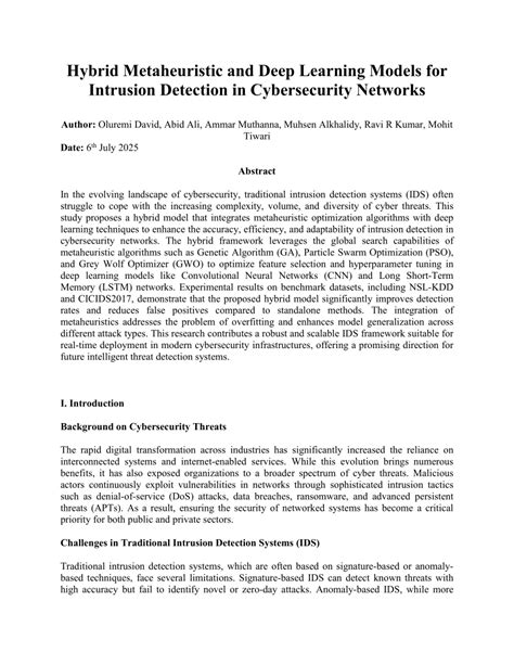 Pdf Hybrid Metaheuristic And Deep Learning Models For Intrusion Detection In Cybersecurity