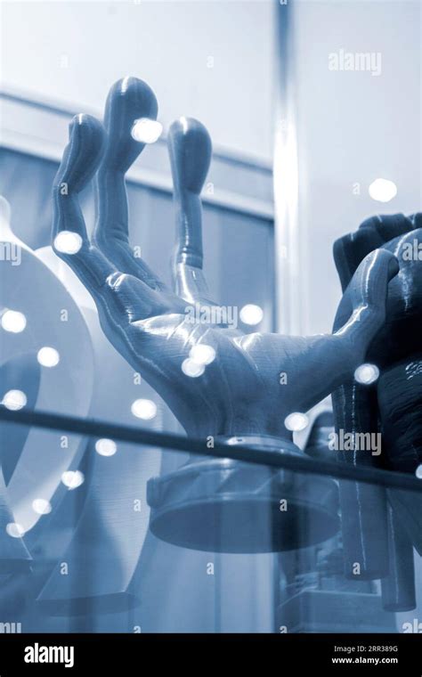 Art Object Printed On 3d Printer Prototype Hand With Fingers Of Blue Color Model Printed On 3d
