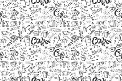 커피와 끊김 없는 패턴 다양한 단어 머그잔 커피 테마의 표지판 흰색 배경에 낙서 커피 기호 장식 웹용 손으로 그린 벽지 인쇄물이