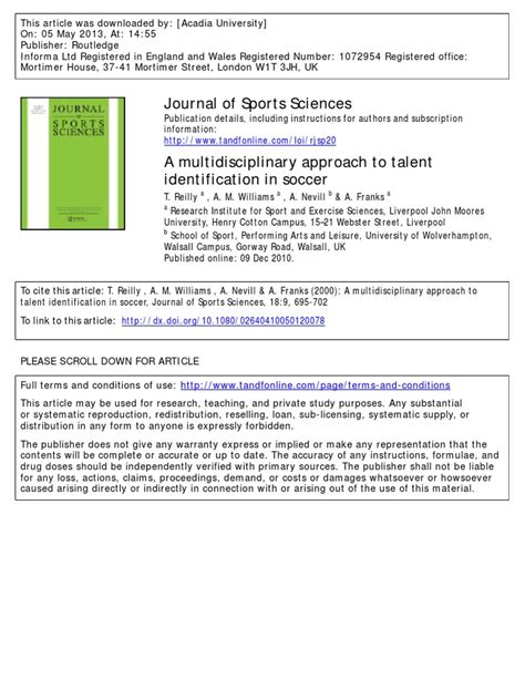 A Multidisciplinary Approach To Talent Identification In Soccer Pdf