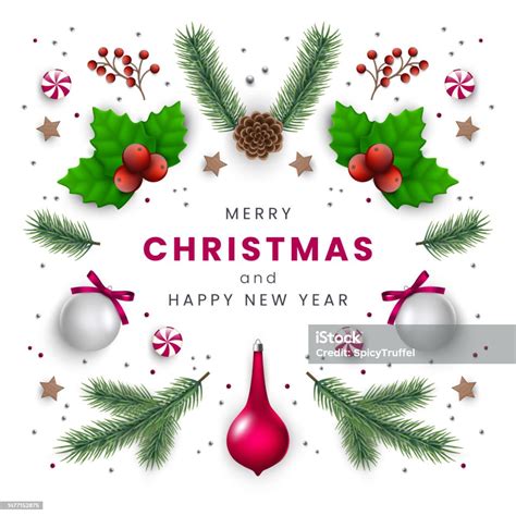 메리 크리스마스 카드 노엘 장식 휴일 인사말 카드 및 파티 초대장 3d 현실적인 별과 소나무가 있는 겨울 엽서 복사 공간 벡터