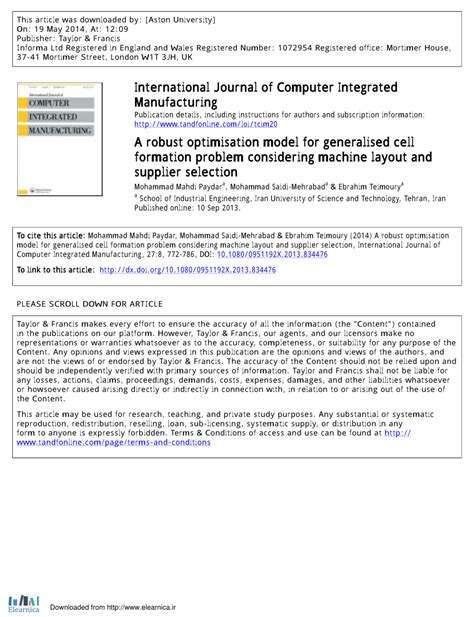 Pdf A Robust Optimization Model For Generalized Cell Formation