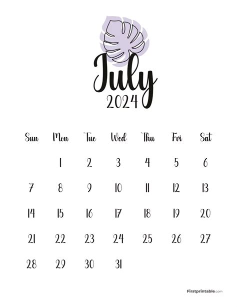 July Cute Monstera Monthly Calendar 2024 July Calendar Calender