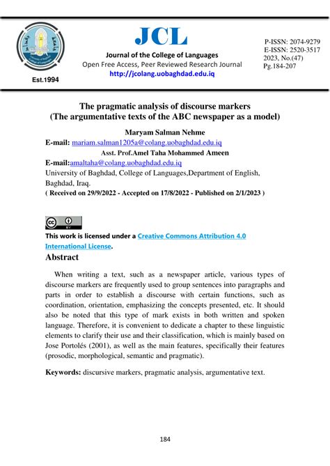 PDF The Pragmatic Analysis Of Discourse Markers The Argumentative Texts Of The ABC Newspaper
